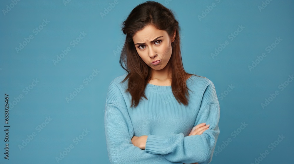 Hesitant and worried young woman frowning pointing fingers up with sad ...
