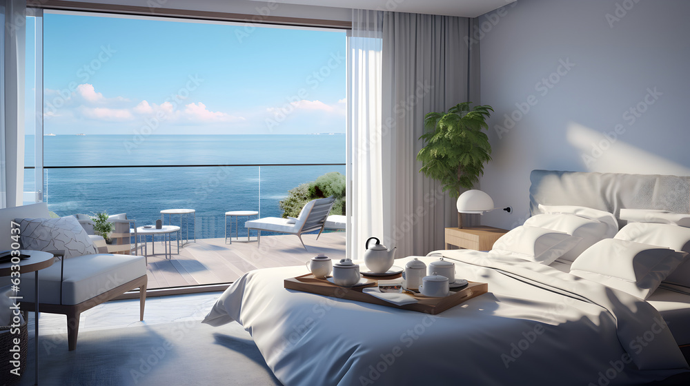 modern seaside luxury hotel room, apartment with background sea view: inside bed tea, balcony ...