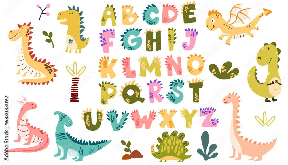 Dino collection with alphabet. Various dinosaur characters. Funny comic ...