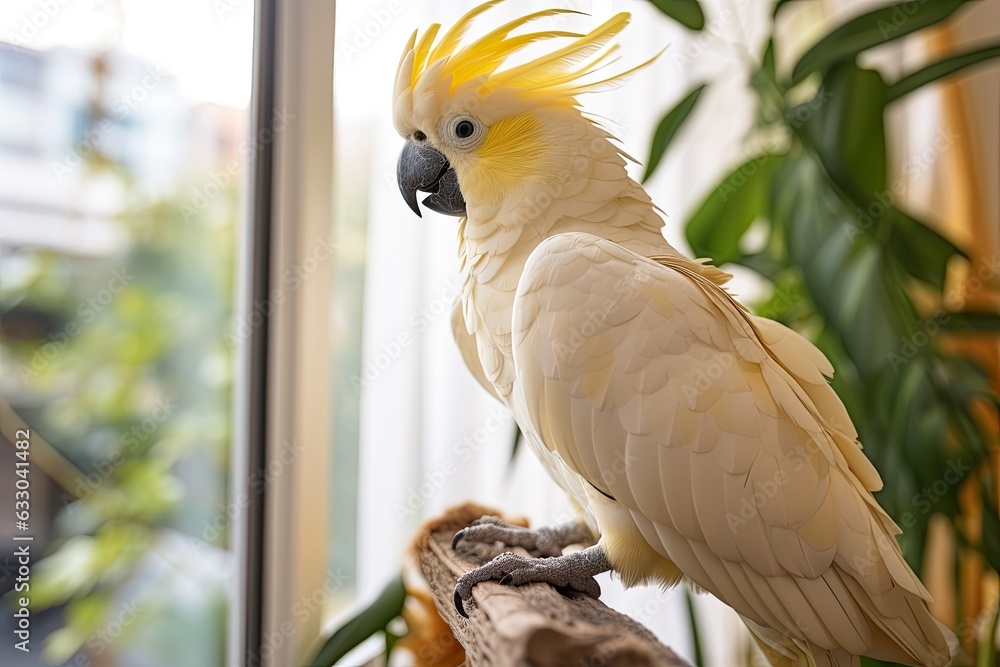 There is a delightful and amusing cockatoo parrot with beautiful white ...