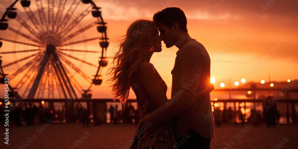 Romantic couple kissing in front of seaside pier ferris wheel at sunset ...