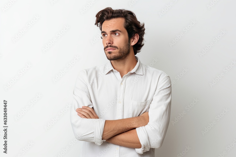 sad handsome man sulking, feeling regret and looking upper left corner ...