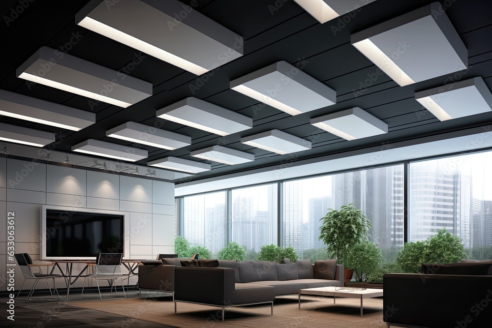An acoustic ceiling is equipped with lighting fixtures and a window ...