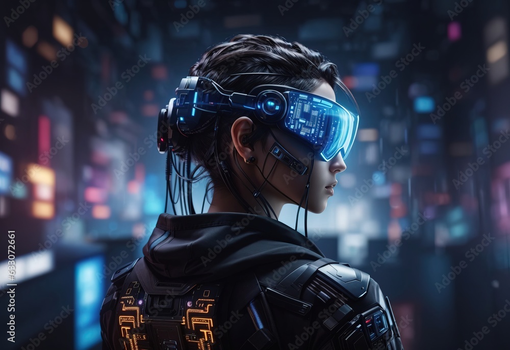 Skilled cyberpunk hacker in a futuristic setting, surrounded by ...