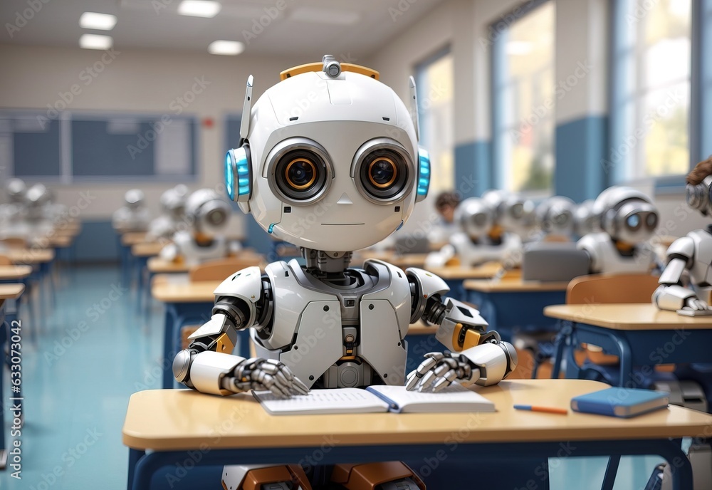 robot sits at a school lesson at a desk, does homework, cartoon style ...