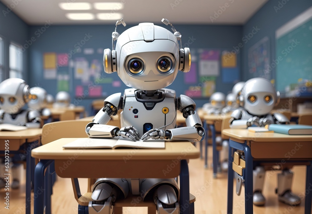robot sits at a school lesson at a desk, does homework, cartoon style ...