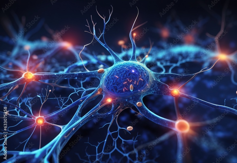 Nerve cell blue color banner, system neuron of brain with synapses ...
