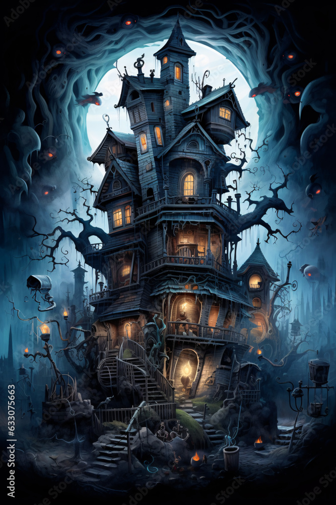 Capture the eerie essence of a haunted house's exterior, teeming with ...