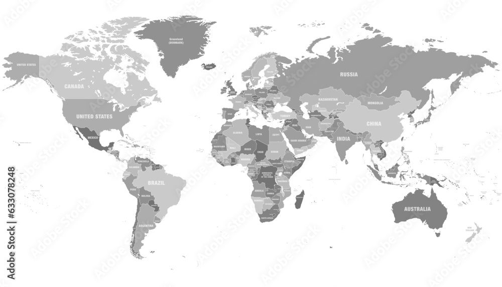 Highly detailed world map with labeling. Grayscale vector illustration ...
