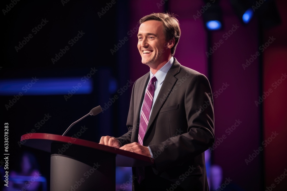 Photography of a pleased, man in his 40s that is wearing a debate team ...