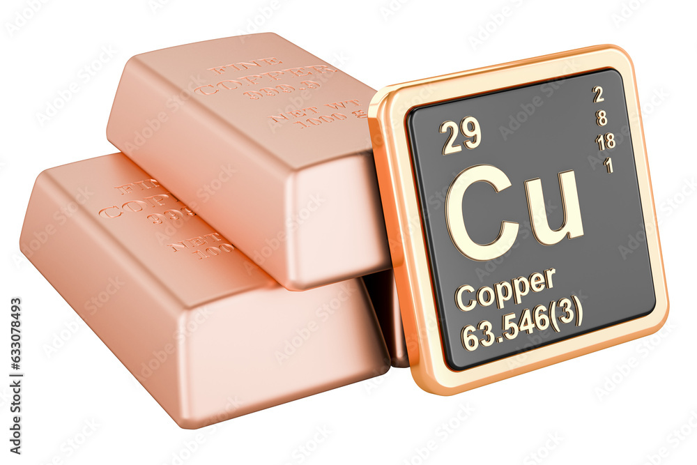 Copper ingots background with chemical element icon Copper Cu, 3D rendering isolated on ...