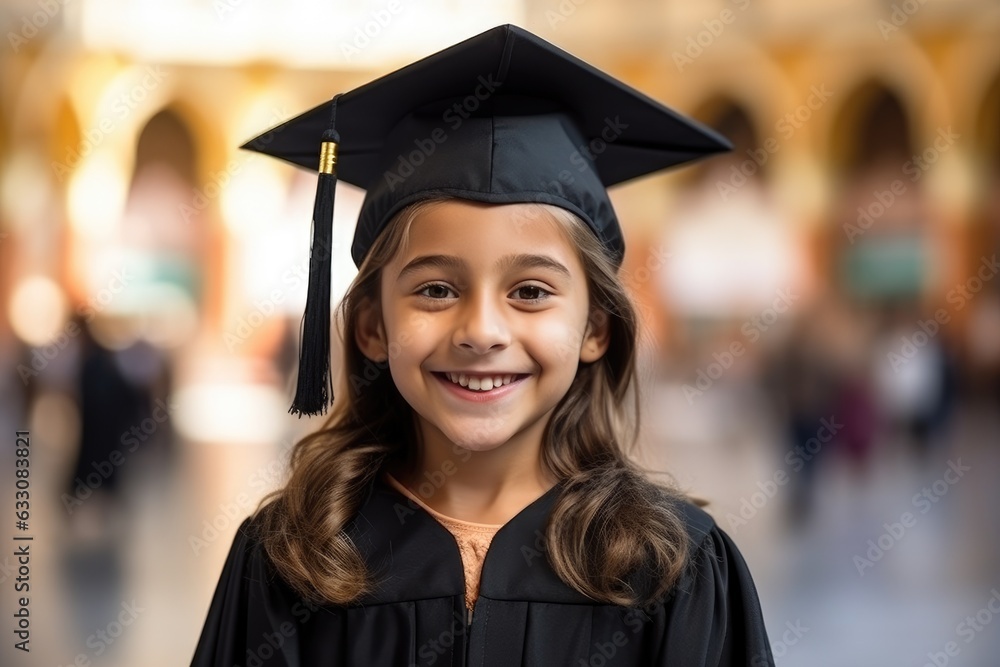 Photography of a pleased, child girl that is wearing a graduation gown ...