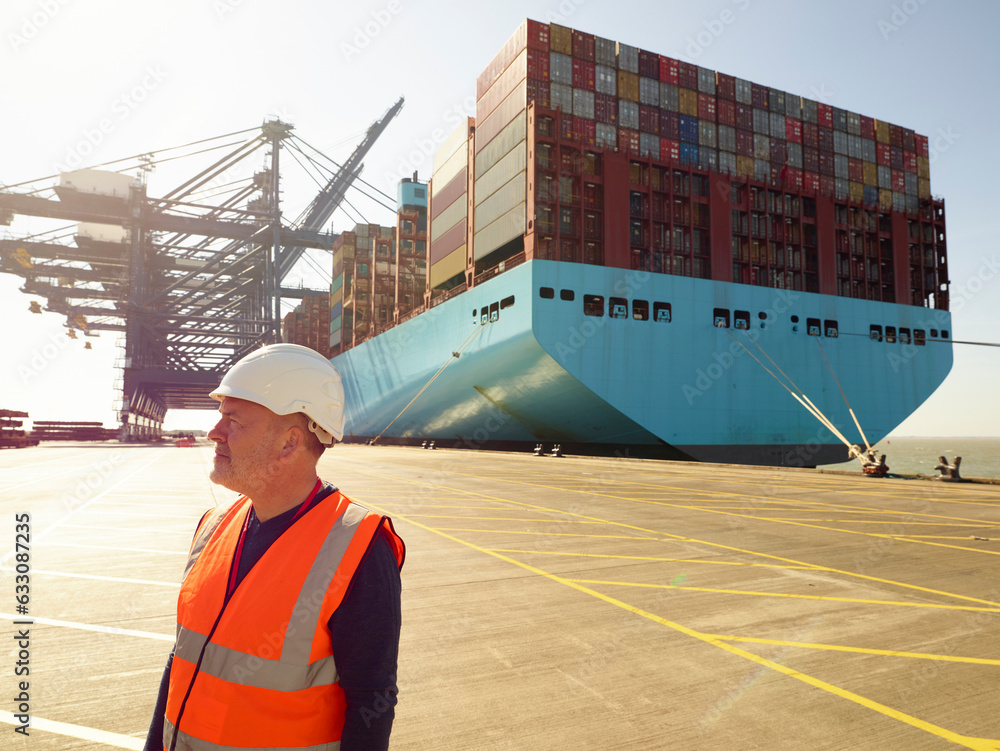 Dock worker wearing hard hat and reflective vest with cargo ship in ...