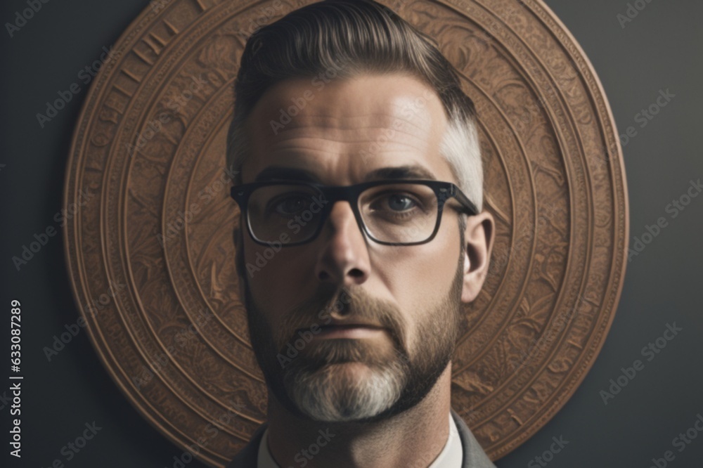 Serious middle-aged man with folded arms and a deadpan expression ...