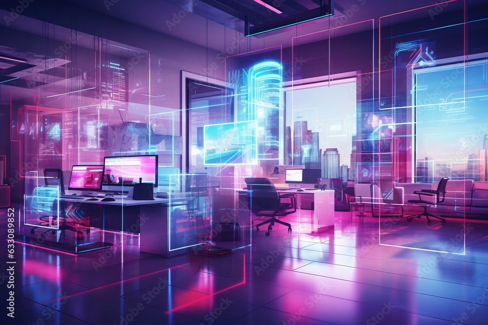 Modern neon cyberpunk open space office interior blurred with ...