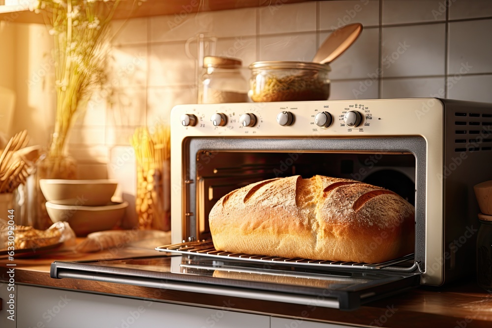 Freshly baked bread being made at home. An electric oven with proper ...