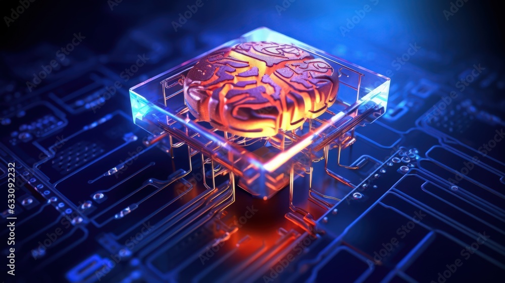 Brain integrated into a CPU on a circuit board, brain processor. Ai ...