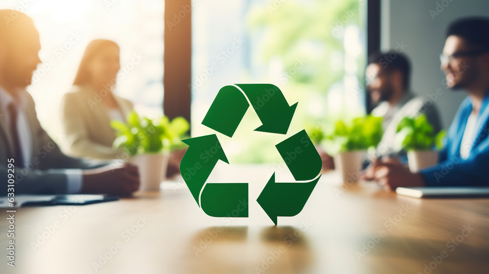 Recycle sign on blurred background with meeting of business people at ...