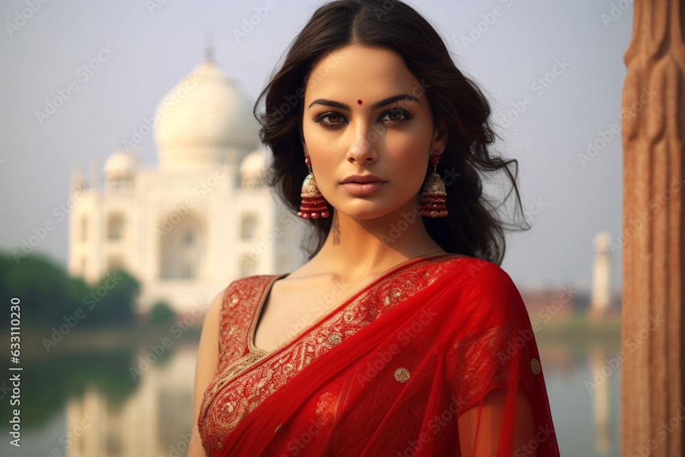 Beautiful Indian Woman in Red Sari in Front of Taj Mahal: AI Generated ...