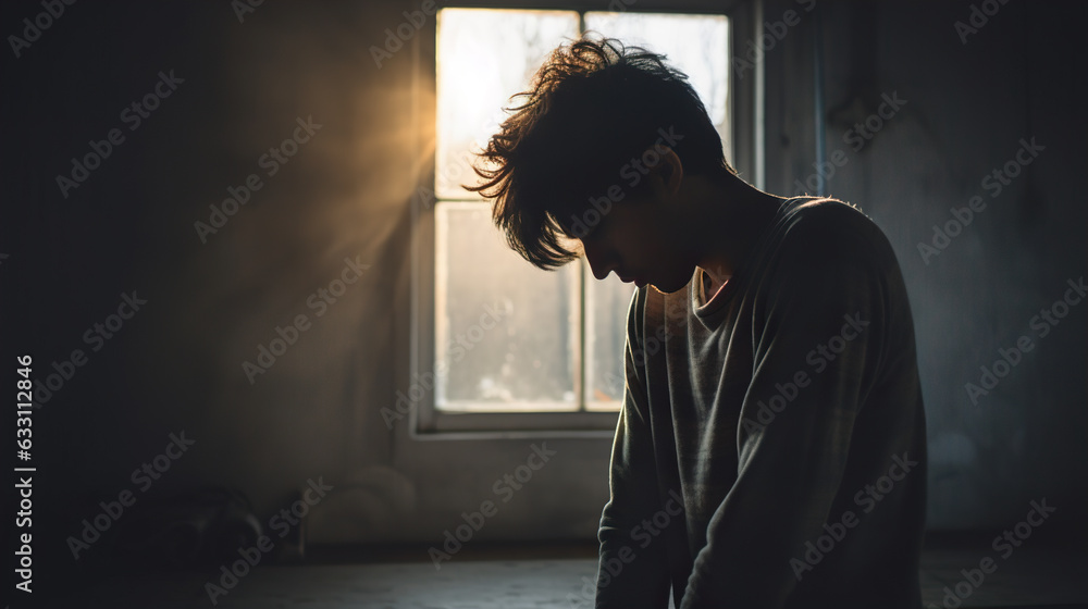 Sad and depressed young man sitting alone in dark room. Depression and ...