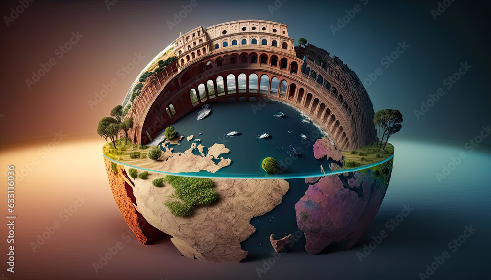 Cross section of planet Earth with Rome landmarks - Generative AI Stock ...