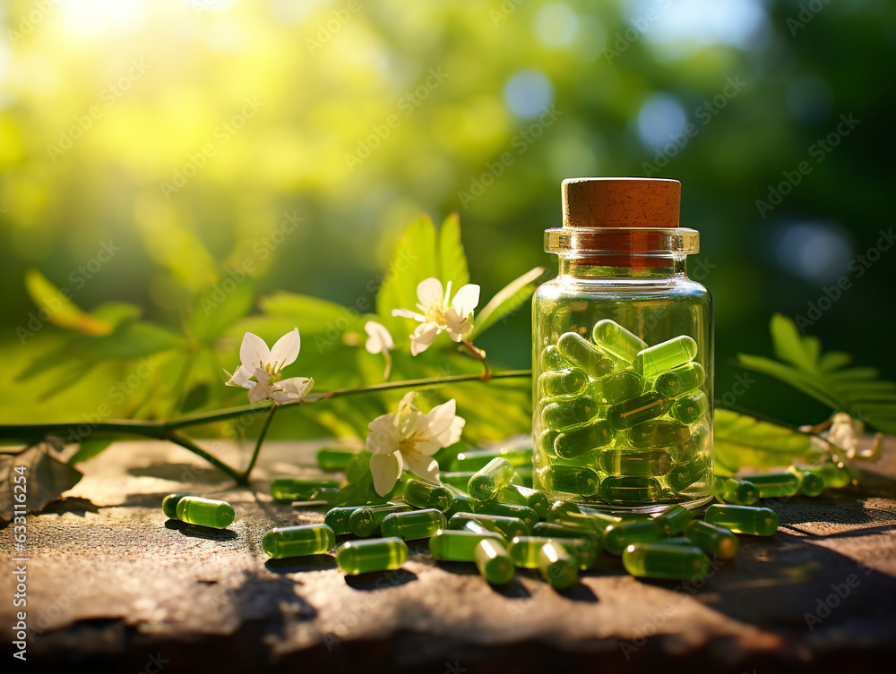 Green backdrop highlights medicinal capsules, symbolizing dietary ...