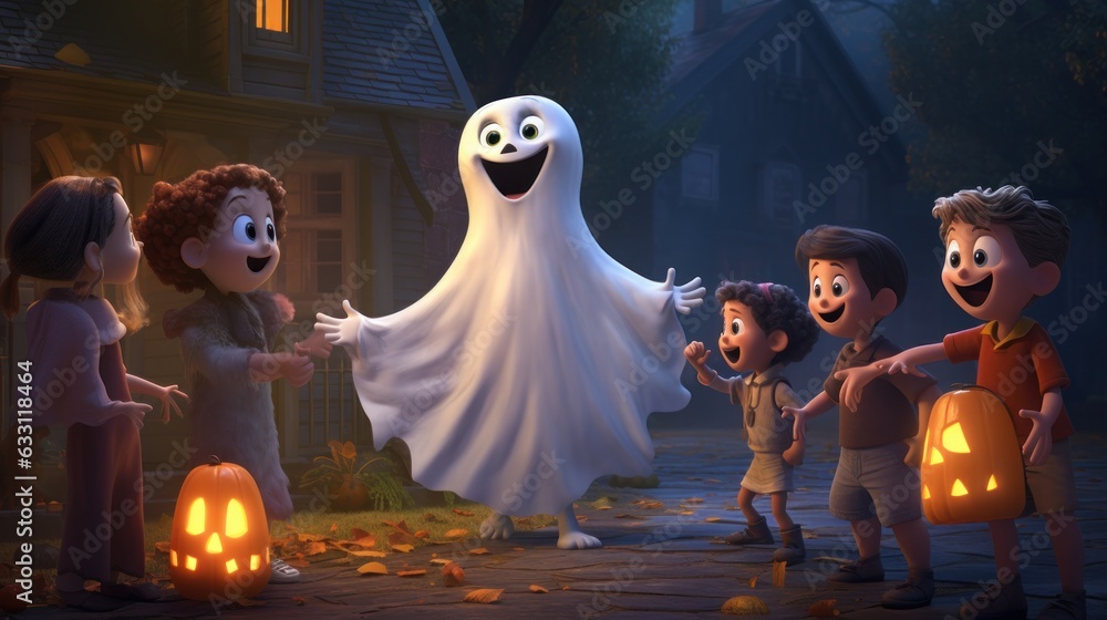 Children are scared by a friendly ghost on Halloween, cartoon Stock ...