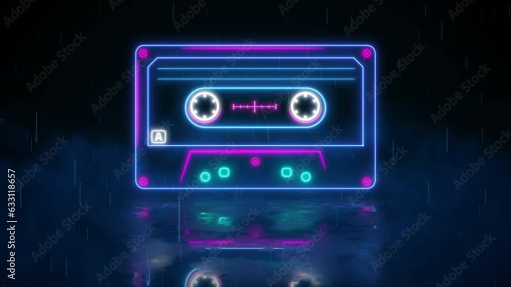 Neon cassette on reflective wet floor, lights up and goes out. Cassette ...