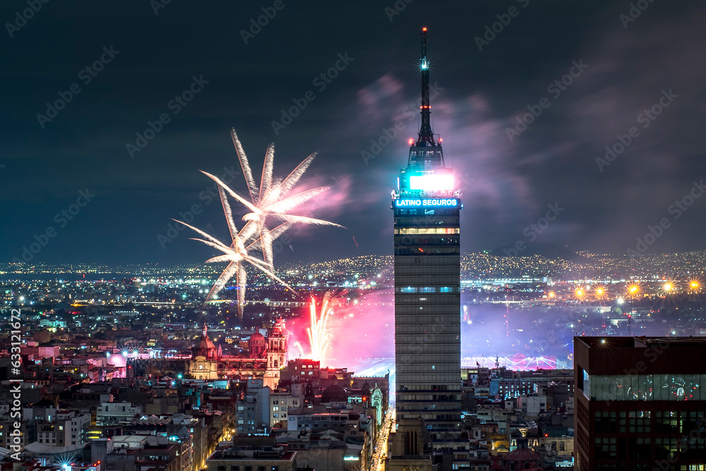 Fireworks, Mexico's Independence Day in downtown of Mexico City. Stock ...