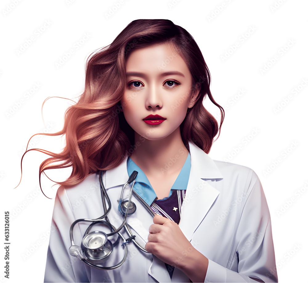 Beautiful Asian doctor posing with a stethoscope around her neck on ...