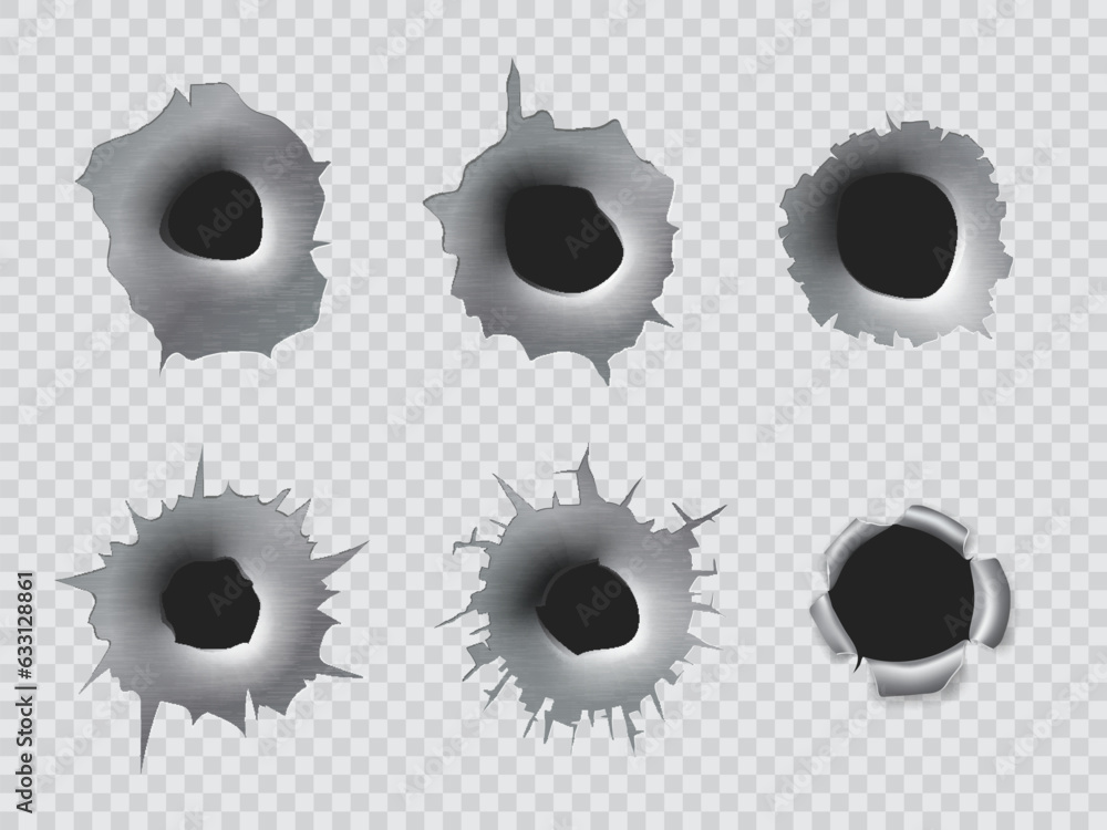 Realistic bullet holes from gun shot, bullet target cracks on metal ...