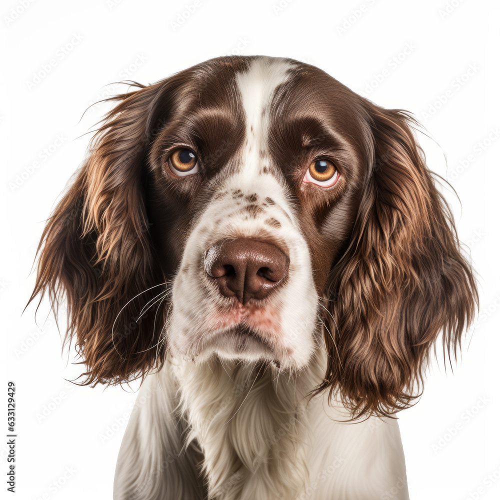 Isolated White Background Image of Sad English Springer Spaniel Dog ...