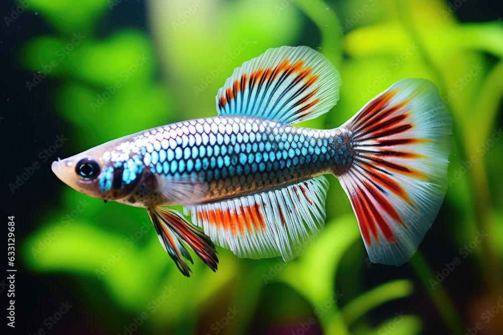 The platinum guppy fish, known as Poecilia reticulata, features a multi ...