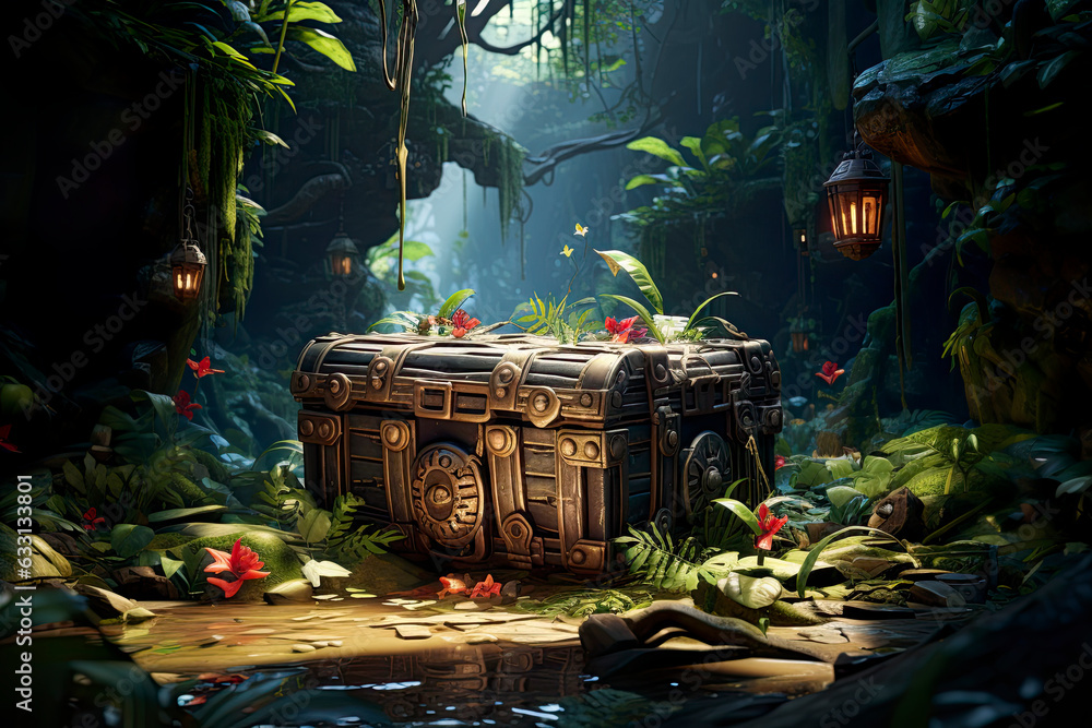 Background environment of hidden treasure chest behind 3D abstract ...