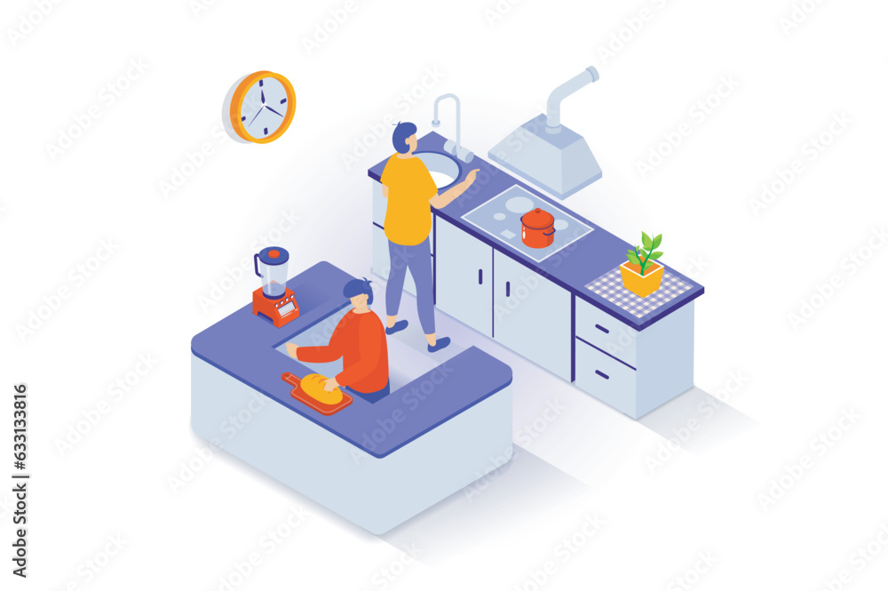 Home interior concept in 3d isometric design. People cook in kitchen ...