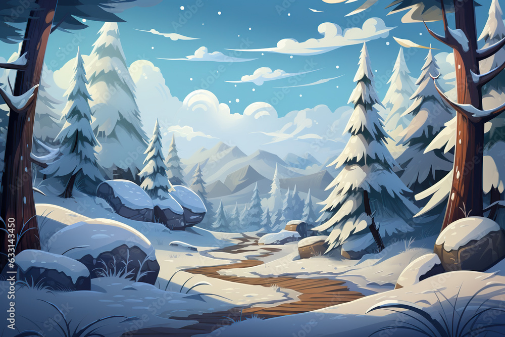 Abstract 2D snowy pine forest background environment for adventure or ...