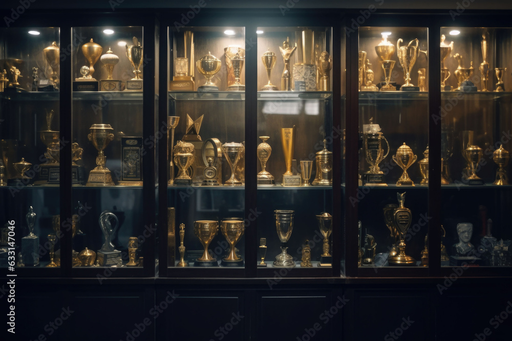 Trophy display case shelf made of glass and wood full of gold and ...