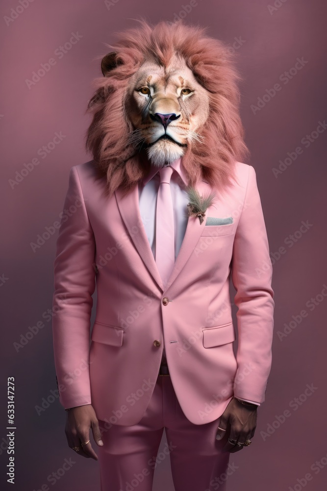 Lion with human body dressed in pastel pink suit Stock Photo | Adobe Stock