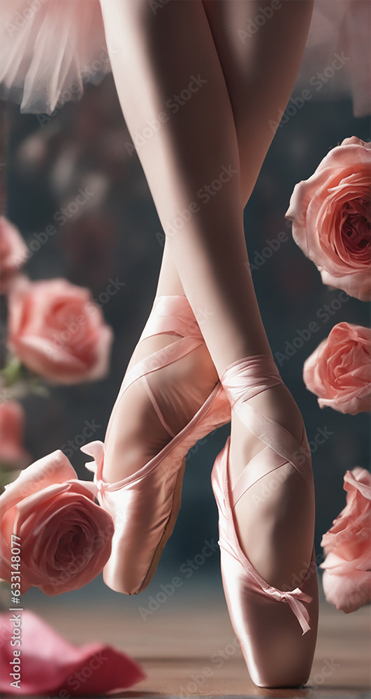 Dancer in pink socks, with roses around her, applying dance technique ...