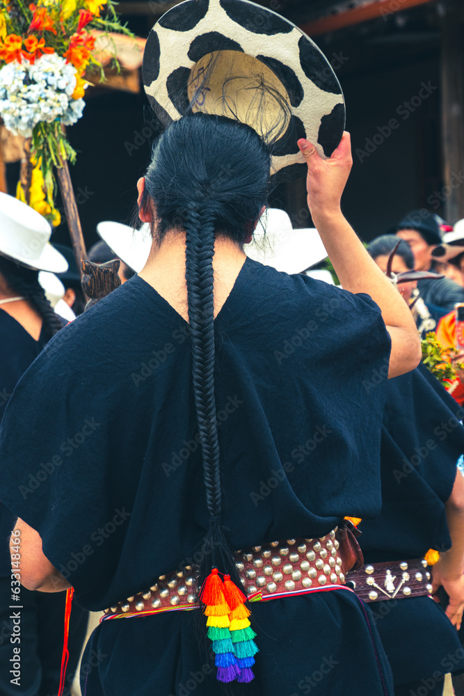Long hair of the men of the Saraguro indigenous people, Ecuador as an ...