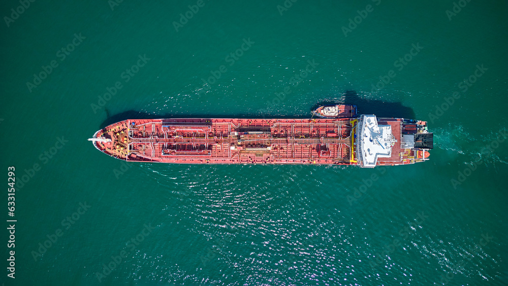 Aerial top view Oil ship tanker carier oil from refinery on the sea ...