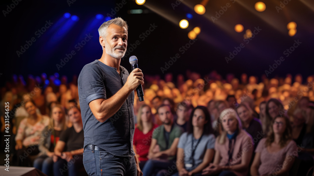 Speaker performing on stage with spotlight talking to many people in ...