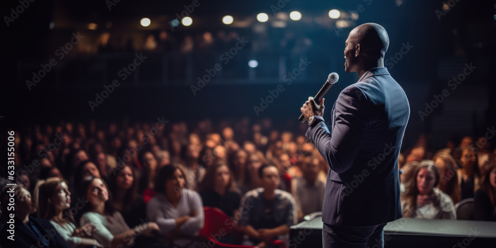 Speaker performing on stage with spotlight talking to many people in ...