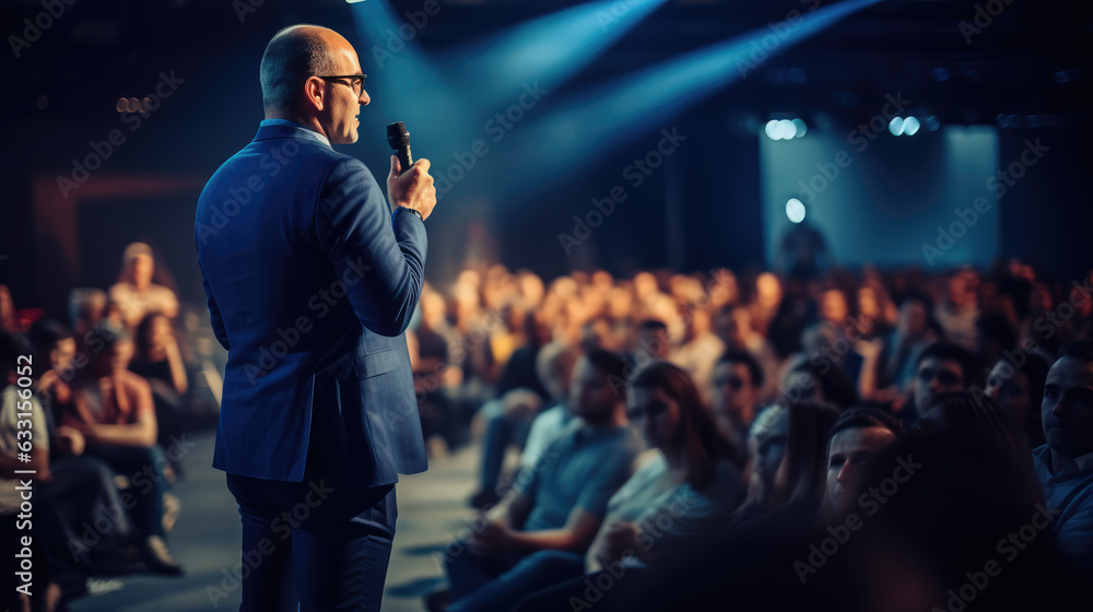 Speaker performing on stage with spotlight talking to many people in ...