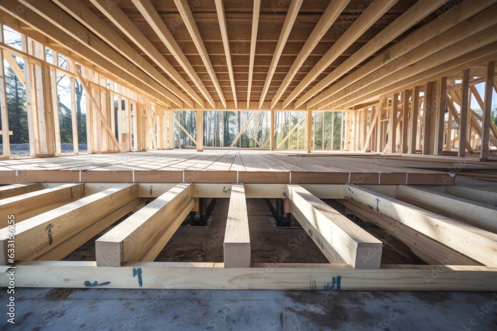 The process of installing wooden floor joist trusses layout on a ...
