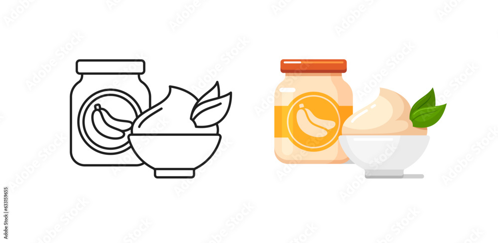 Baby food icons with banana puree in glass jar and bowl. Vector outline ...