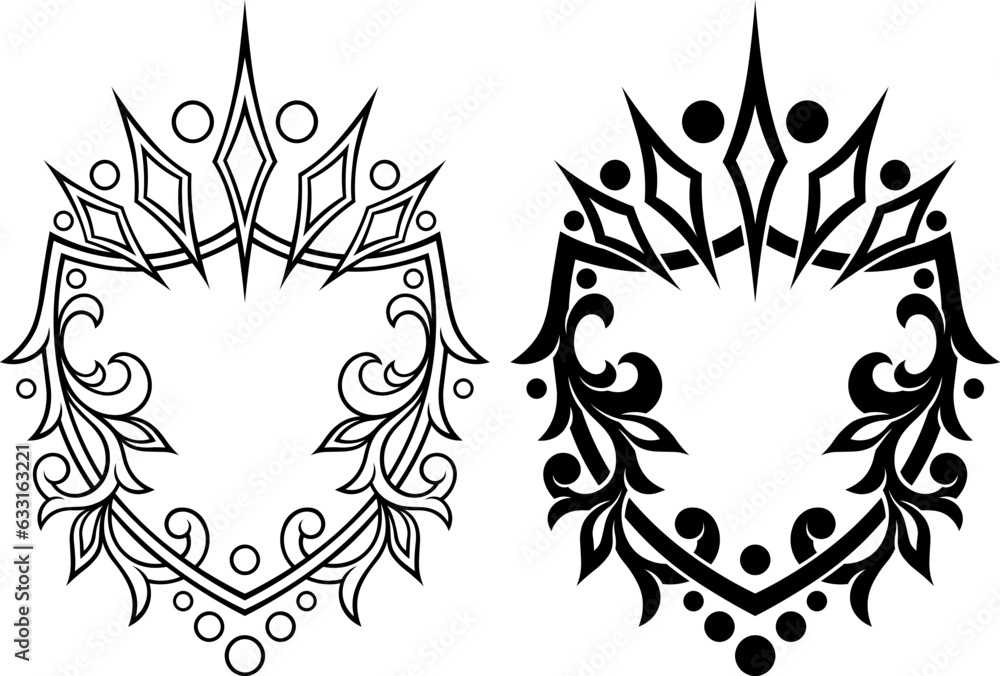 Heraldic shield ornament. Line and silhouette design of shield with ...