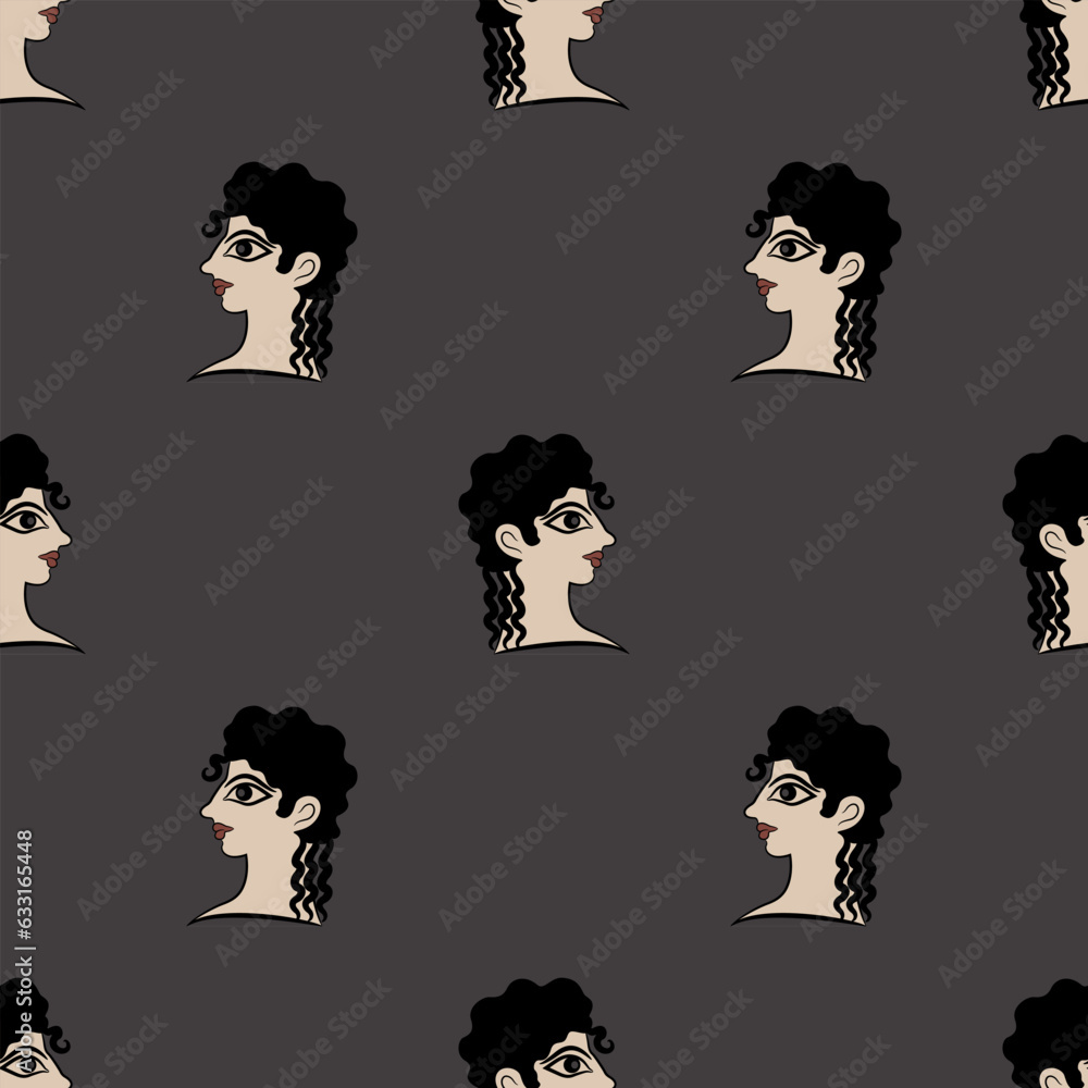 Seamless ethnic pattern with heads of a Cretan Minoan women. Female ...