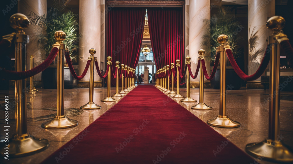 A shot of the entrance to the event with a red velvet rope and golden ...