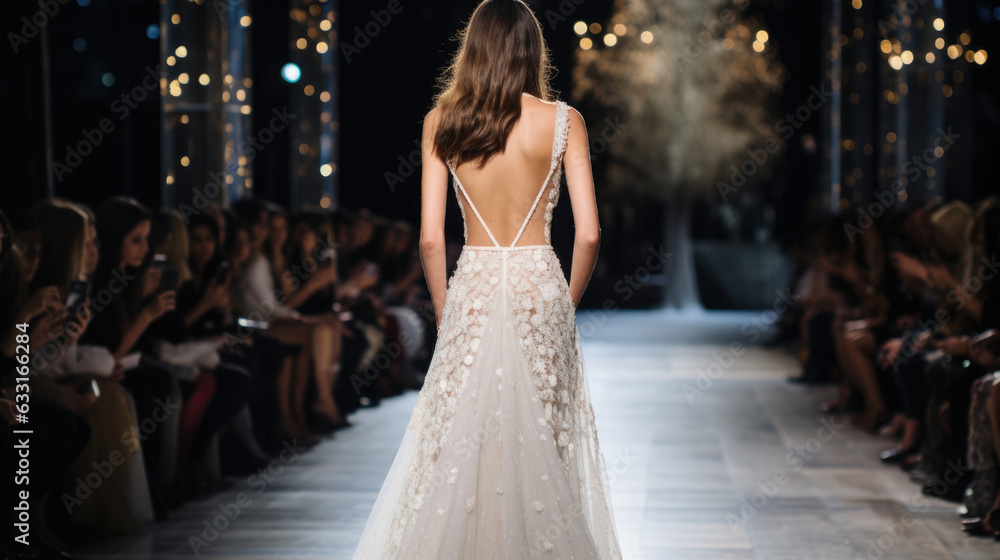 A back view of a model wearing an Aline ivory gown with delicate ...